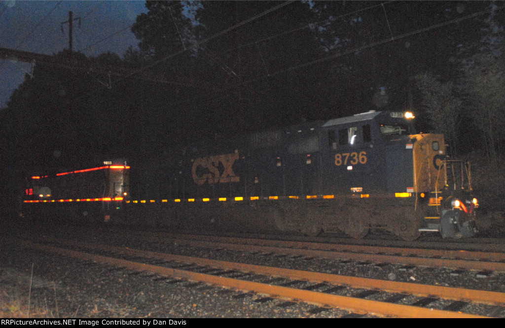 CSX SD60I 8736 leads Q439-08 west after dusk